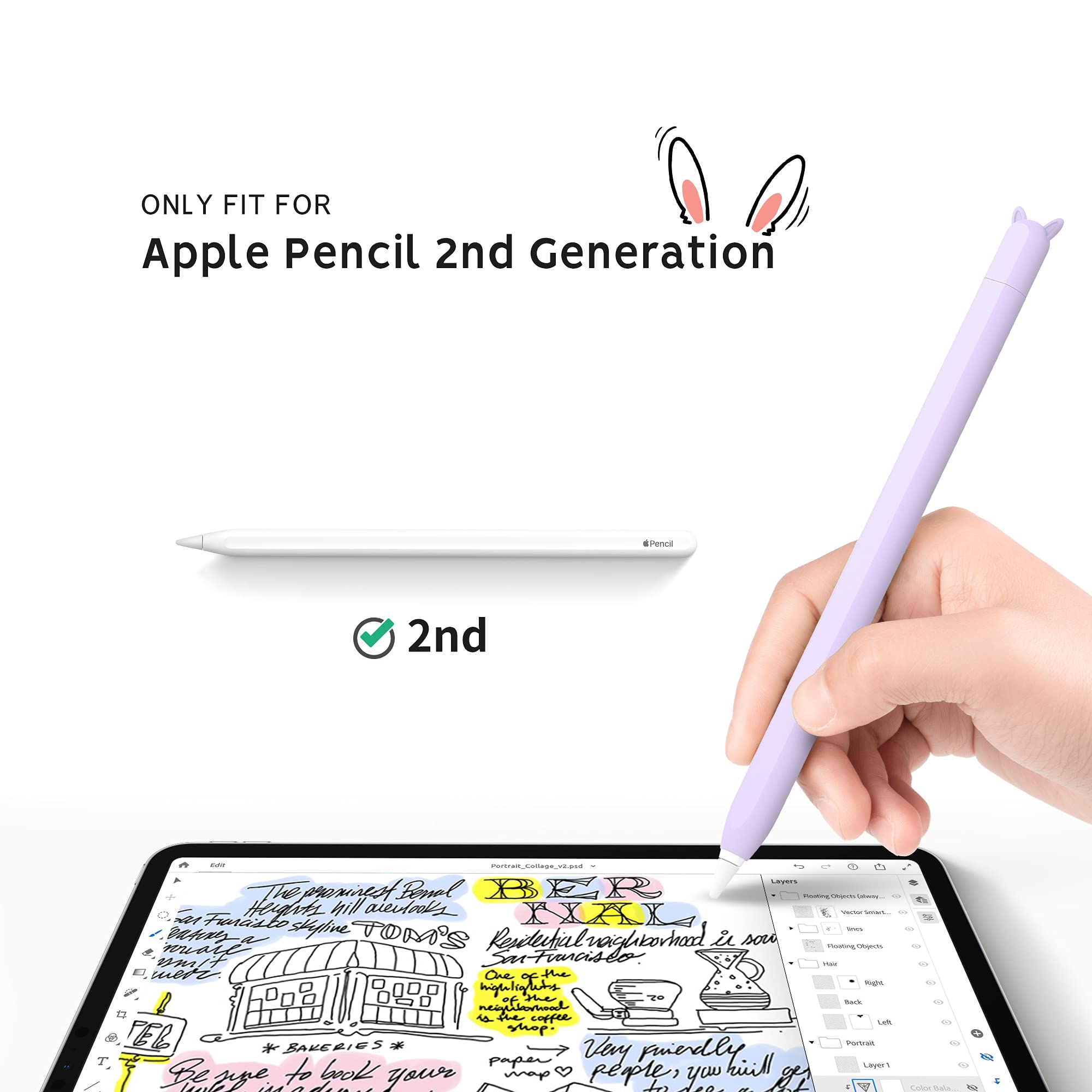 3 Pack Cute Ear Case Silicone Skin Cover for Apple Pencil 2nd Generation Accessories Compatible with iPad Pro 11 12.9 inch(White, Pink,Purple)
