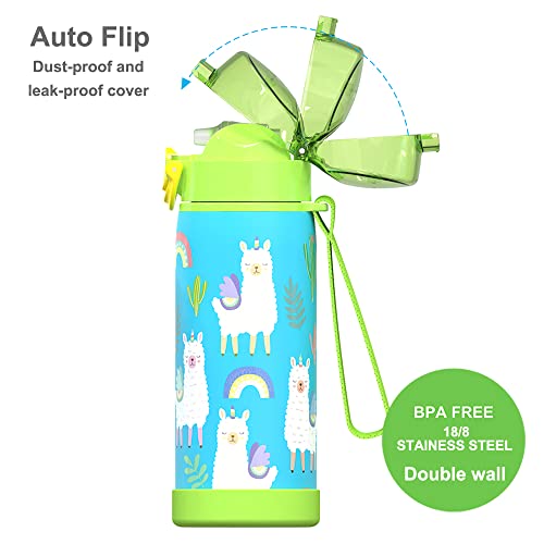 16 oz Insulated Water Bottle with Straw for Kids, Durable Stainless Steel & Leak Proof One Click Open Soft Sipper & Protective Silicone Boot (Llama)