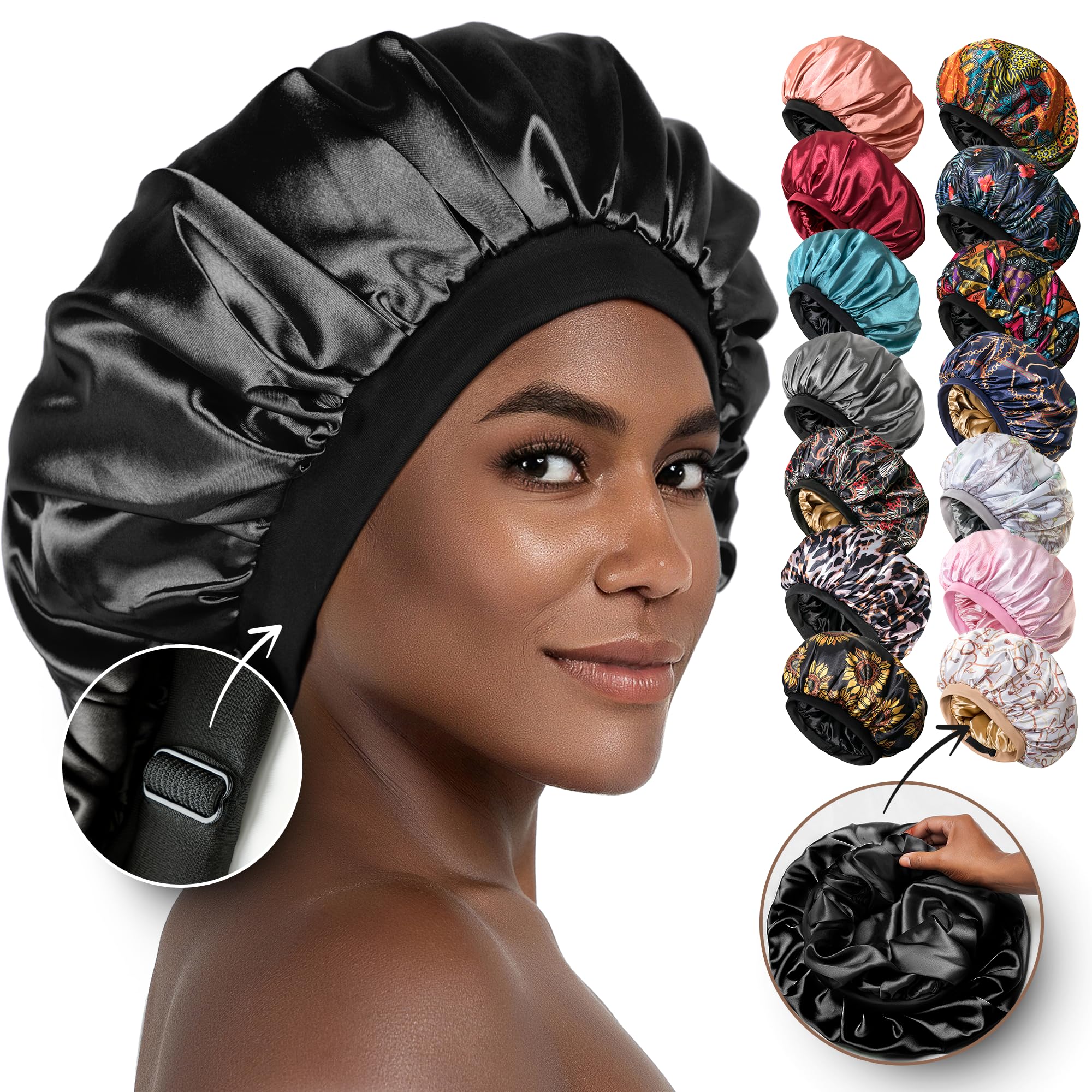 CAPLORD Satin Bonnet Adjustable Sleeping Silk Bonnet Black Women Men Double Layer Satin Lined Sleep Cap Sleeping Hair Wrap Silk Bonnet Large Braids Cover Bonnets Night Head Curly Hair Recommended