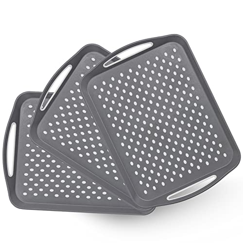 17.7" x 12.5" Anti-Slip Serving Trays with Handles, 3 Pcs X-Large Rectangular Food Serving Tray for Lap, Reusable and Durable, Grey
