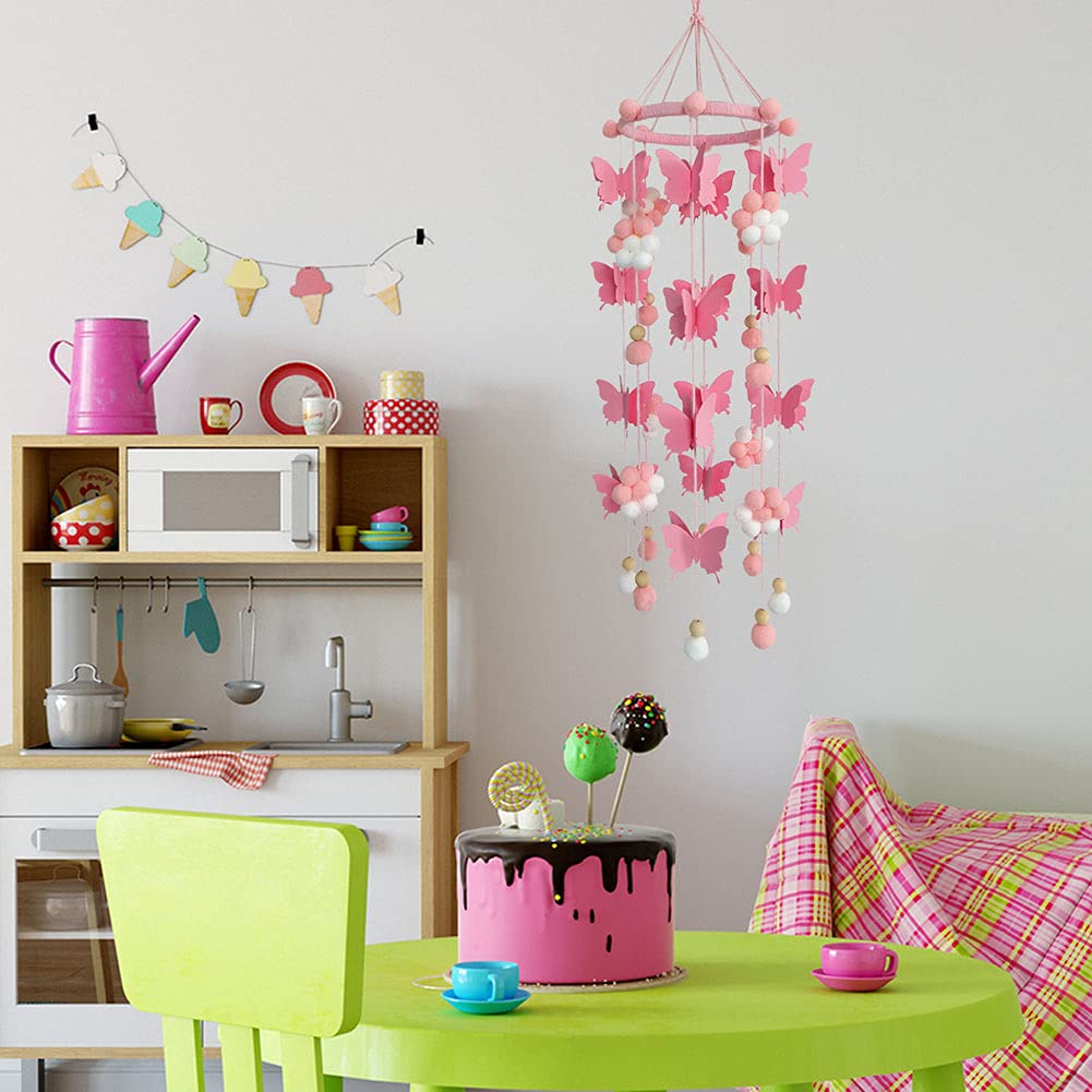 Baby Crib Mobile Cute Butterfly Felt Ball Mobile Ceiling Mobile Hanging Decoration for Baby Nursery Room Decor Baby Shower (Pink)