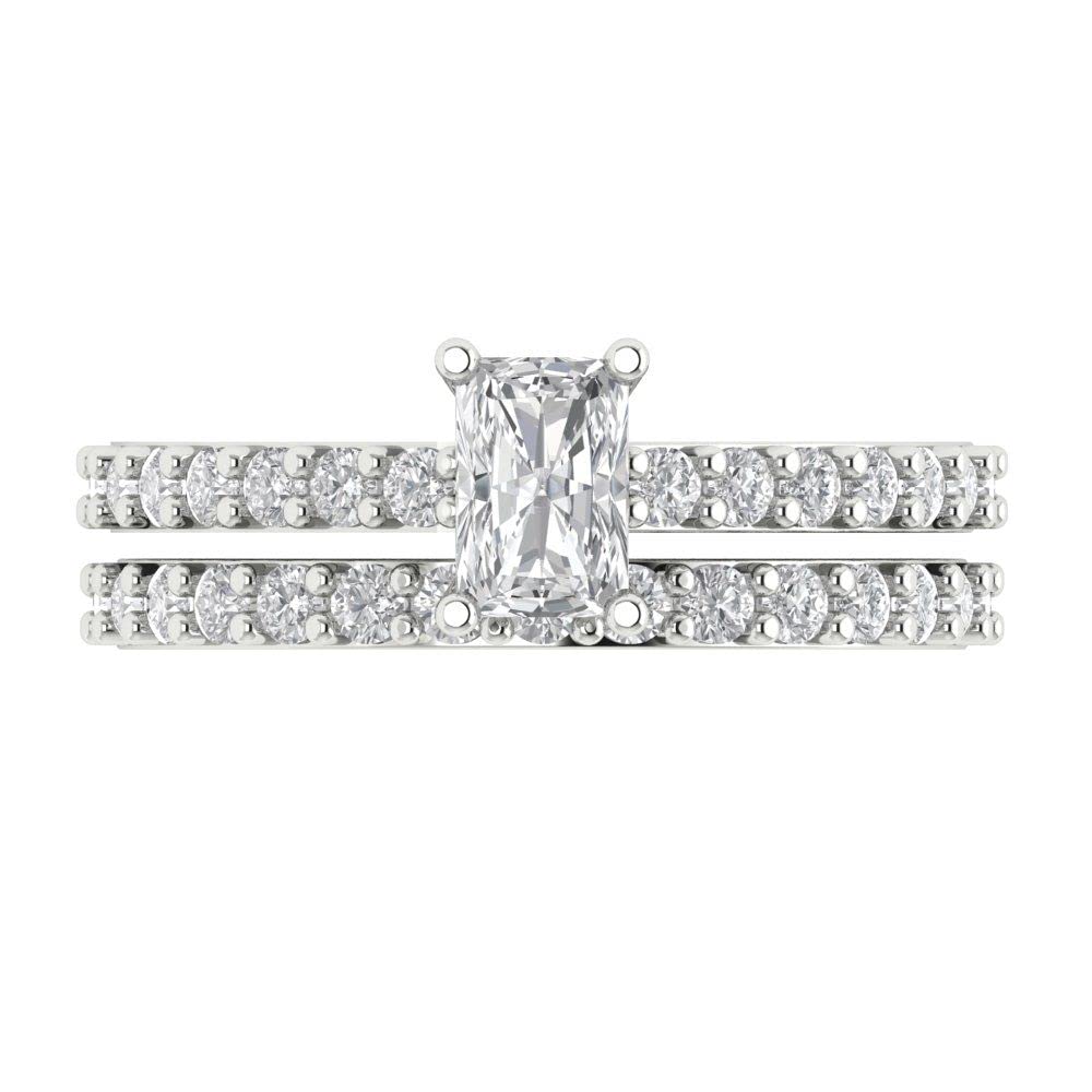1.16 ct Emerald Cut Clear Simulated Diamond 14k White Gold Solitaire W/Accents Wedding Engagement Bridal Ring Band Set Sz 7