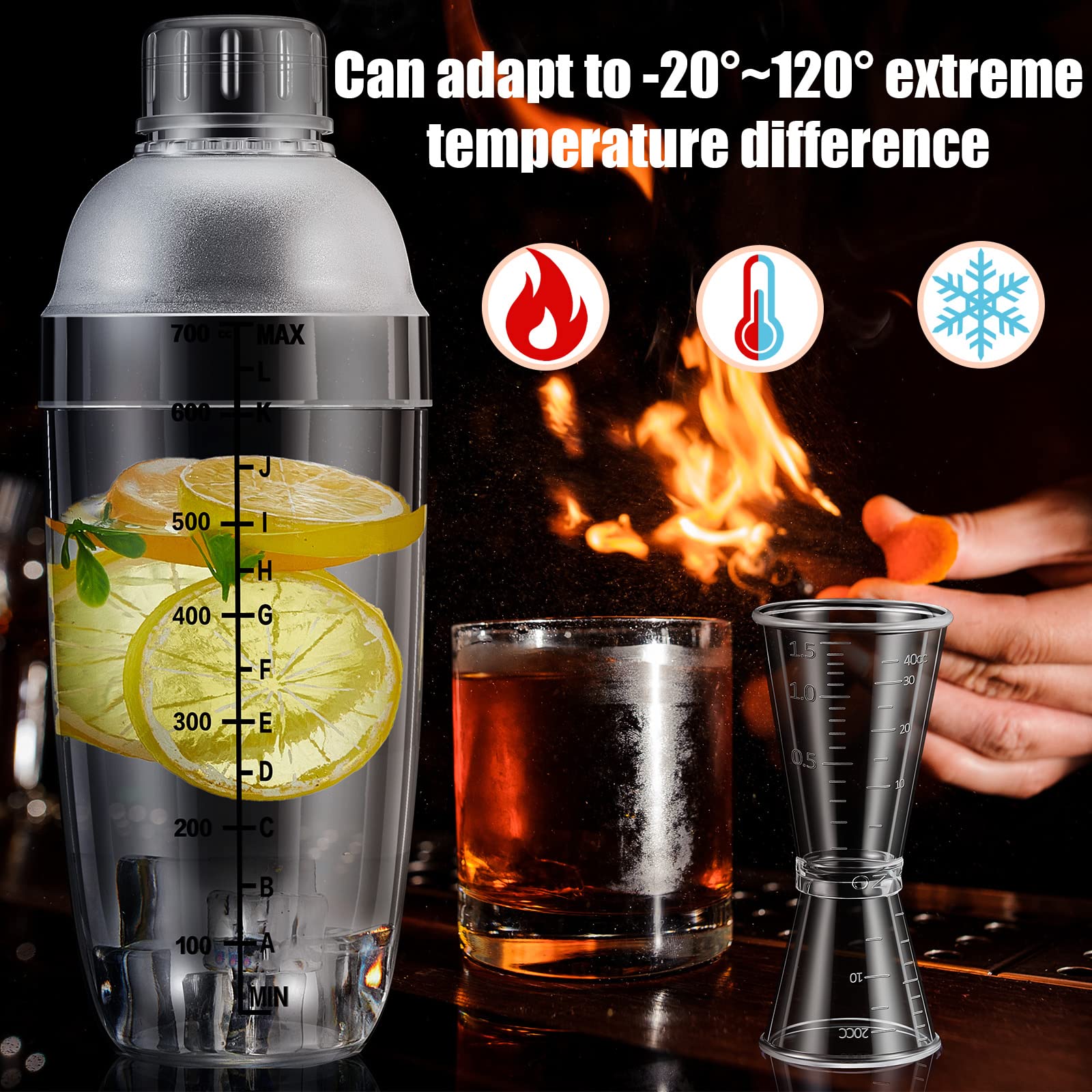 10 Pcs Plastic Cocktail Shaker Set, Including 8 Pcs 24 oz Clear Drink Shaker Drink Mixer Boba Tea Shaker 2 Pcs Cocktail Jigger Plastic Double Measuring Jigger for Bar Coffee
