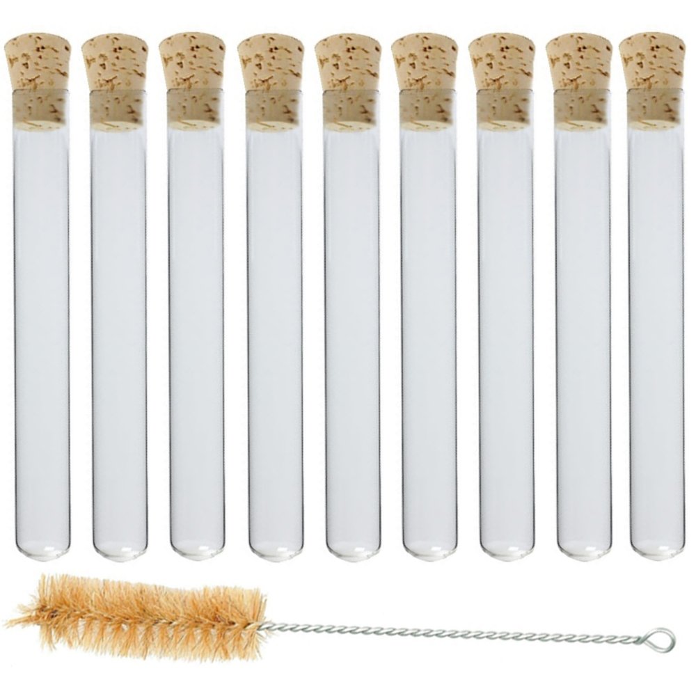25x200mm Glass Test Tubes with Cork Stoppers and 35mm Cleaning Brush, 3.3 Boro, 70ml, Karter Scientific 212X12 (Pack of 10)
