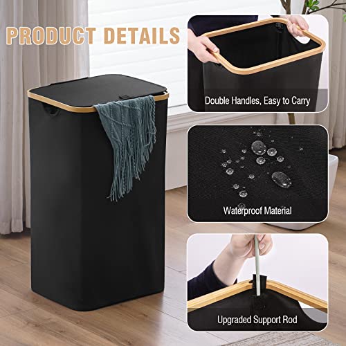 100L Large Laundry Hamper with Lid and Removable Bag by TECHMILLY, Tall Laundry Basket with Bamboo Handles for Clothes and Toys Storage, Collapsible Clothes Hamper for Bedroom and Bathroom, Black