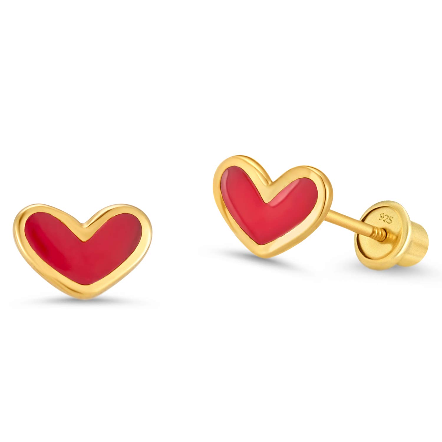 14k Gold Plated Enamel Red Heart Baby Girls Screwback Earrings with Sterling Silver Post