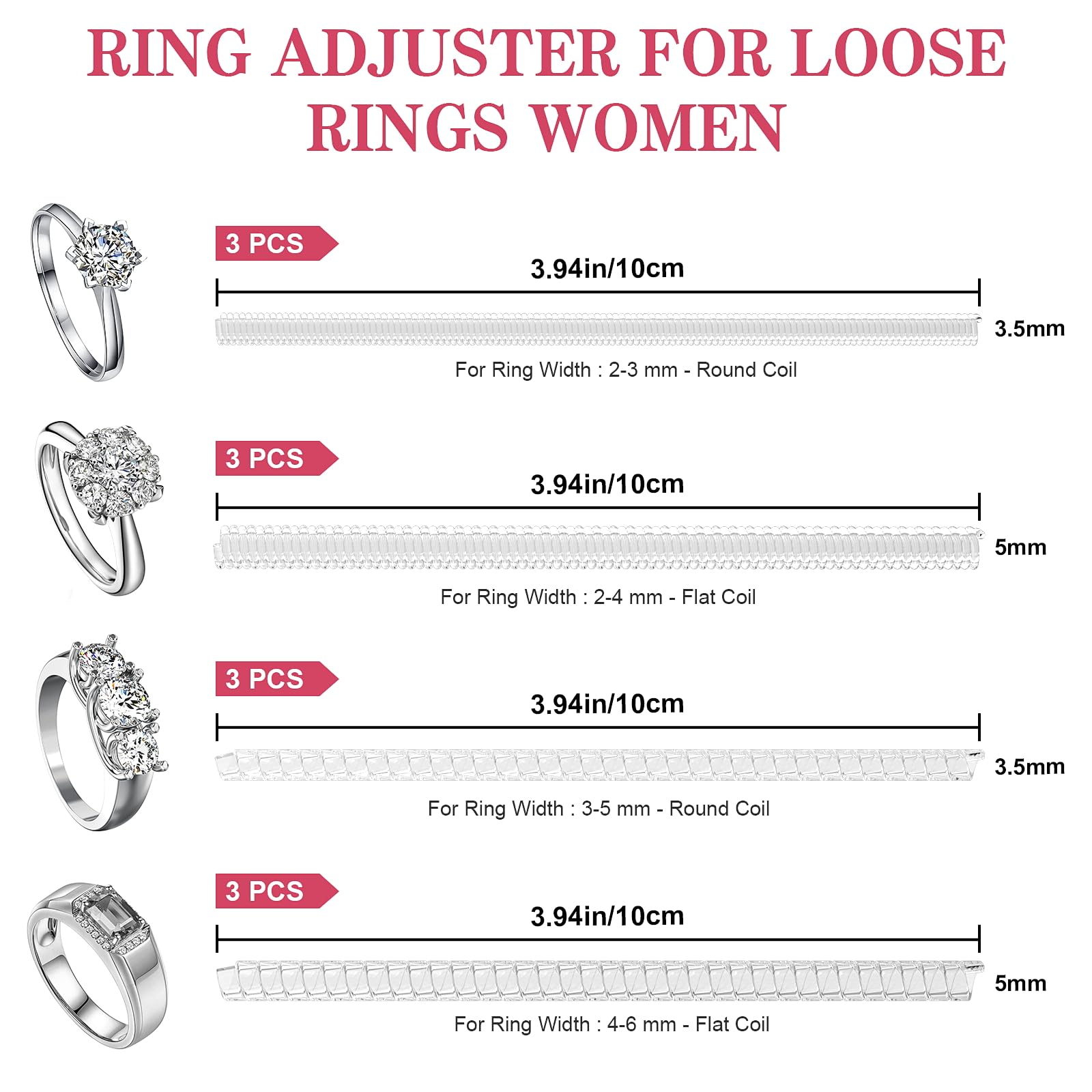 12 Pack Ring Sizers for Loose Rings - 4 Sizes Clear Silicone Ring Size Adjuster, Invisible Ring Guard, Spiral Resizer, and Tightener Spacer, Non-Slip Fit, Adjustable and Comfortable, for Women and Men