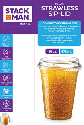 16 oz. Clear Cups with Strawless Sip-Lids, [50 Sets] PET Crystal Clear Disposable 16oz Plastic Cups