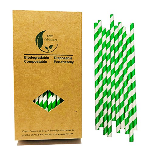 100 Pack Green And White Paper Drinking Straws, 7.75 Inches Green Striped Drinking Straw Cake Pop Stick