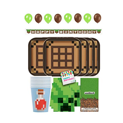 50% OFF! Minecraft Birthday Party Supplies Complete for 16 kids, Big Plates, Napkins, Tablecover, 9oz Cups, Hanger Banner, Balloons - Minecraft Party Birthday Decoration, Minecraft Party Supplies