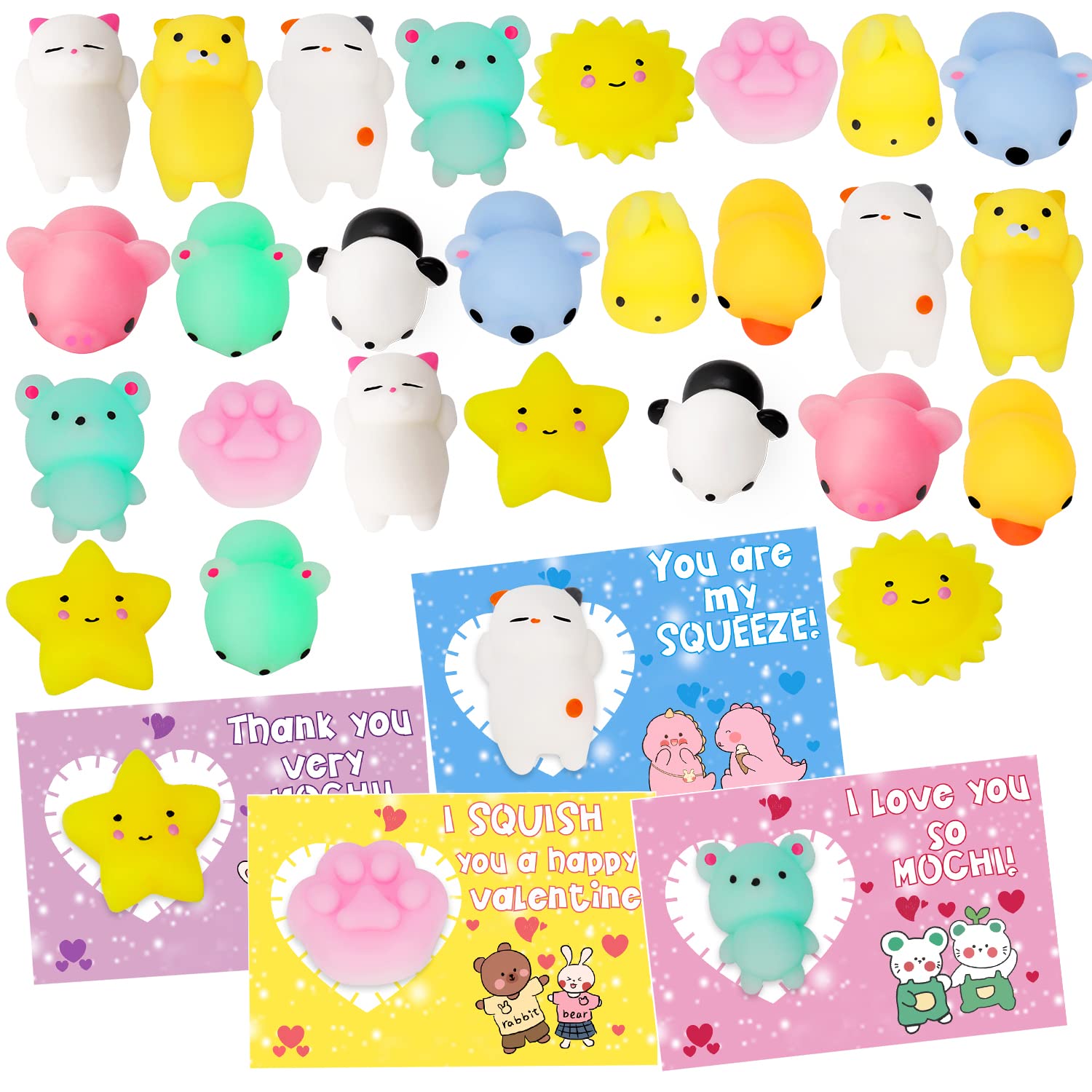 26 Packs Mochi Squishy Toy Valentines Day Gifts Cards for Kids Classroom Fidget Toys Preschool Exchange Gifts Cards Classmate Gifts