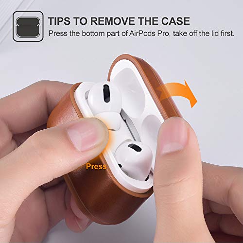 AirPods Pro Case, ICARER Airpod Pro Leather Case Genuine Leather Portable Protective Shockproof Cover for Apple AirPods Pro Support Wireless Charging and Led Visible (Brown)