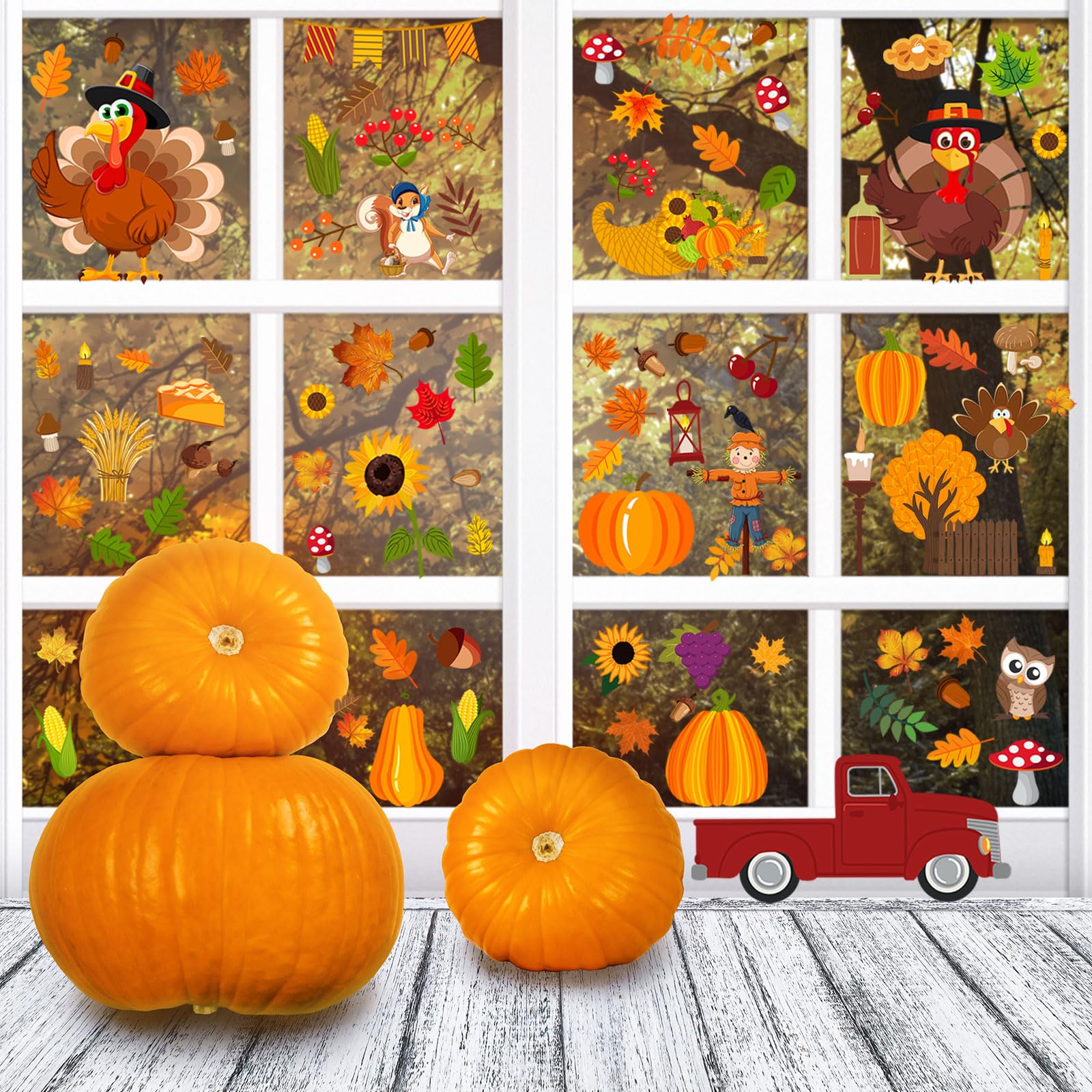 115 Pcs Fall Thanksgiving Wall Decals Turkey Maple Leaves Wall Stickers Autumn Pumpkin Wall Decals Decor Fall Leaves Window Clings Wall Decoration for Bedroom Living Room Home Decor