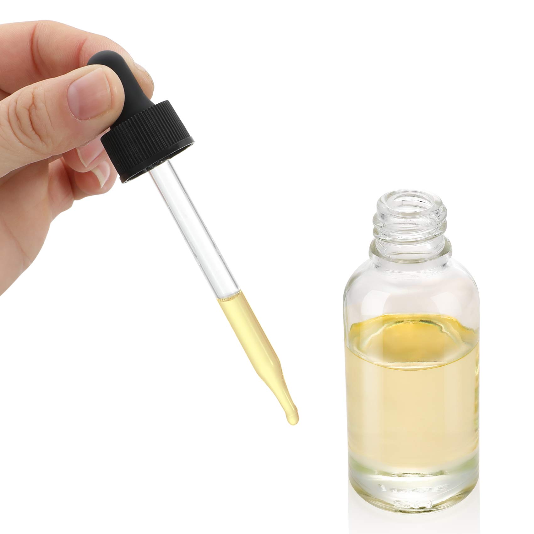 12 Pack, 2 oz Glass Eye Dropper Bottles w/ 3 Stainless Steel Funnels & 1 Long Pipette Dropper & 24 Labels - 60ml Clear Tincture Bottles for Essential Oils, Liquids - Leakproof Travel Essential Bottles
