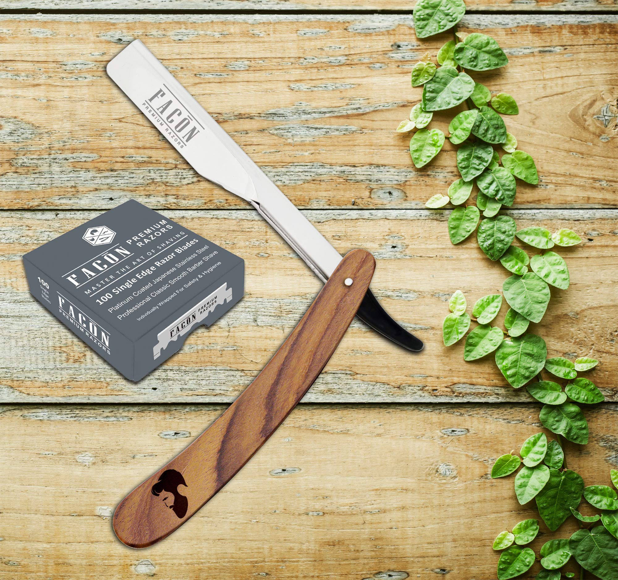 100 BLADES + Facón Professional Wooden Straight Edge Barber Razor - Salon Quality Cut Throat Shavette