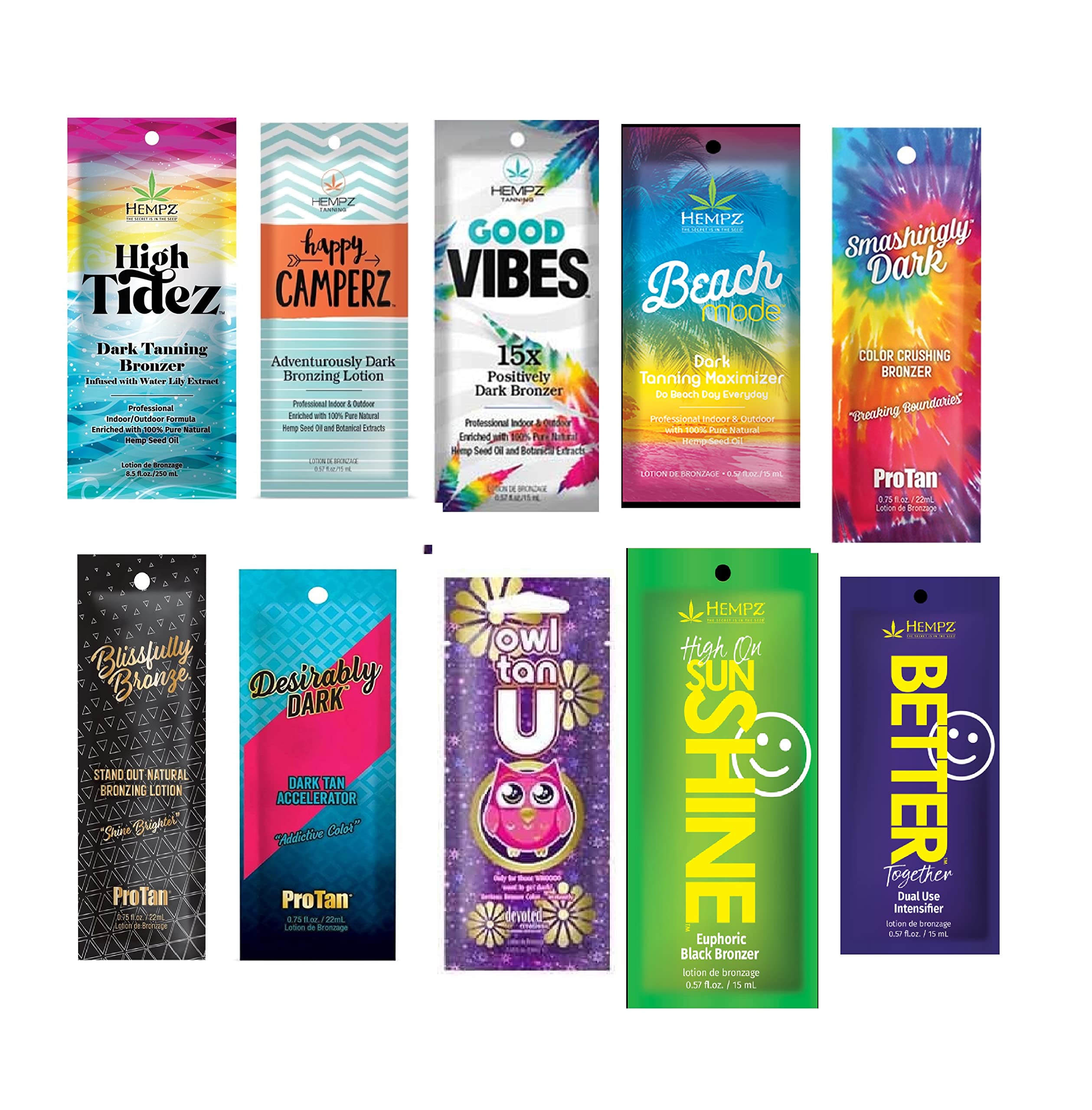 10 New Tanning Lotion Sample Packets - Major Brands Bronzer & Intensifier - 10 Assorted Packets