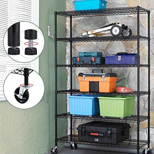6 Tier Storage Metal Shelf 82"x48"x18" NSF Wire Shelving Unit with Wheels Heavy Duty Layer Rack with Casters, Sturdy Steel Metal Wire Rack for Pantry Kitchen Garage Rack (Black, 82"x48"x18")