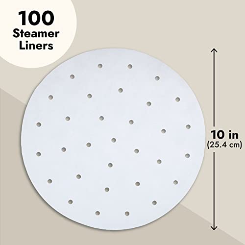 100 Pack Round Air Fryer Liners with Holes for Air Fryer Basket, Dumpling Paper, 10 Inch Perforated Bamboo Steamer Liner Sheets for Baking (White)