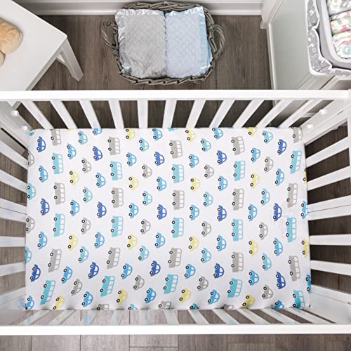 2 Pack n Play Mattress Sheets β 100% Jersey Knit Cotton Soft Portable Crib Mattress Sheets for Boys with Blue, Gray, Yellow Cars and Chevron Design; 2 Pc Playpen Mattress or Mini Crib Sheet Fitted Set