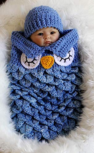 Handmade Newborn Baby Boy Sleepy Owl Snuggle Sack Cocoon Baby Bonnet Photo Prop Shower Gift