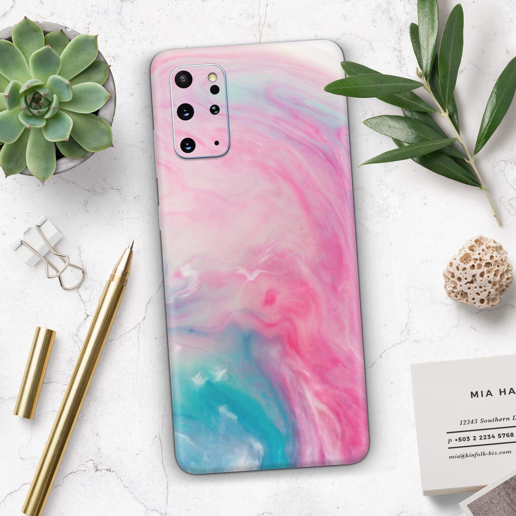 DesignSkinz Marbleized Pink and Blue Paradise V712 Protective Vinyl Decal Wrap Skin Cover Compatible with The Samsung Galaxy S20 (Screen Trim & Back Glass Skin)