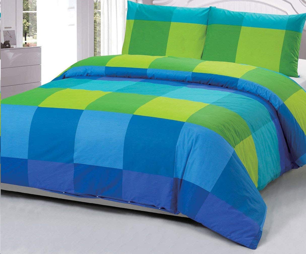 100 Percent Cotton Full/Queen Duvet Cover Set with 2 Pillow Cases, Blue Green Large Checkered Pattern, 200 Threat Count