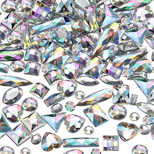 500 Pieces Sewing Gems Acrylic Sewing Crystal Mixed Shapes Sew On Rhinestones with 2 Holes for Clothes Sewing Beads Decorations (Crystal AB)