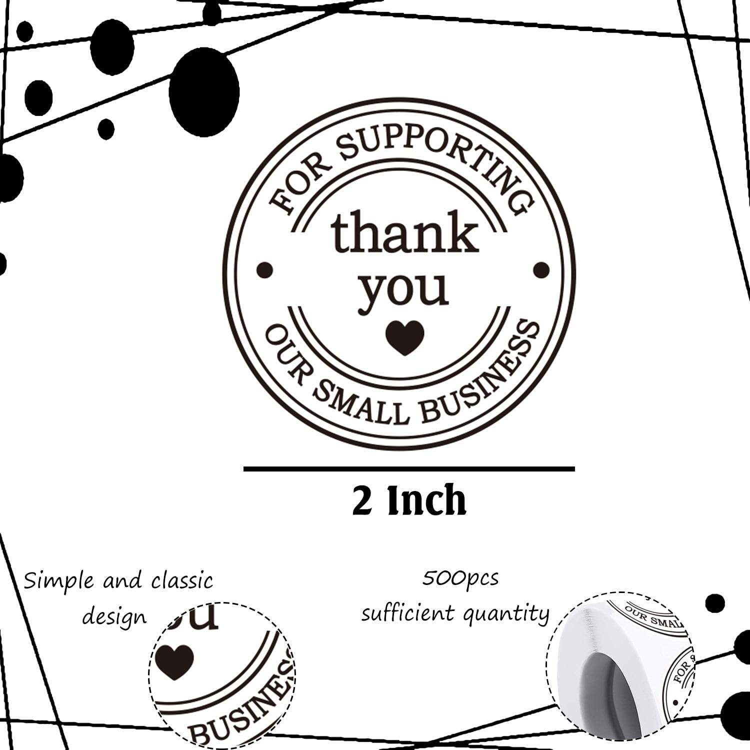 2" Round Classic Retro Stickers Thank You for Supporting Our Small Business Sticker Labels with Hearts - Printed White Thank You Stickers 500 Thank You Labels Per Roll (White, 2 inch)