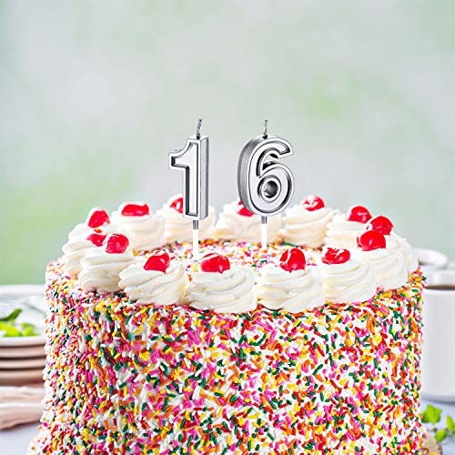 16th Birthday Candles Cake Numeral Candles Happy Birthday Cake Candles Topper Decoration for Birthday Wedding Anniversary Celebration Supplies (Silver)