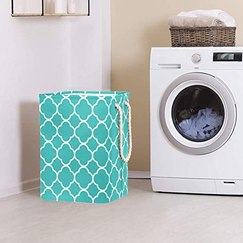 AISSO Large Laundry Hamper Basket Waterproof Dirty Cloth Storage Bins with Handle for Bedroom Laundry Room Bathroom Quatrefoil Pattern Teal Green Seamless Design