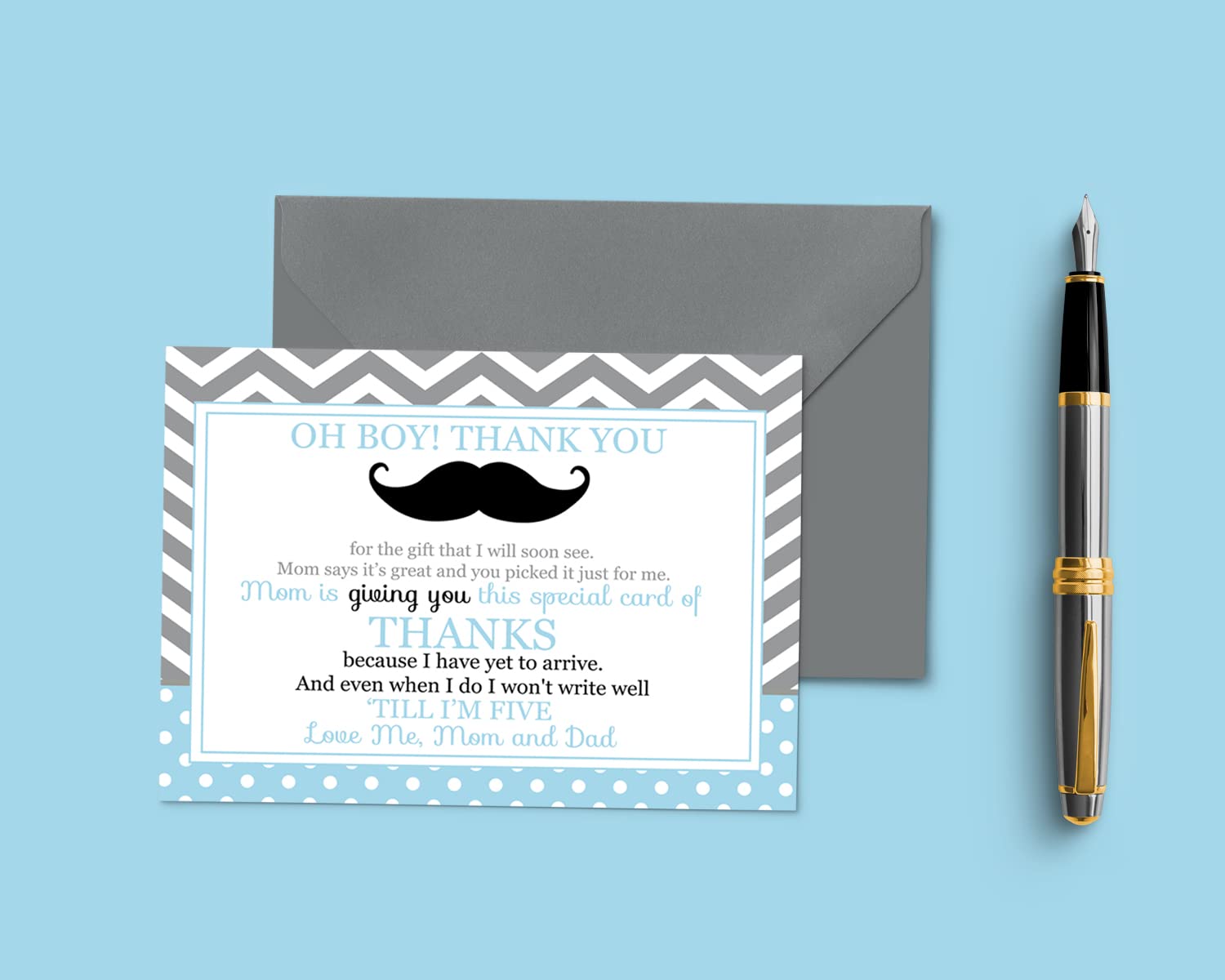 15 Mustache Thank You Cards with Grey Envelopes - Stationery for Boys Baby Shower - Dapper Chevron Stripes