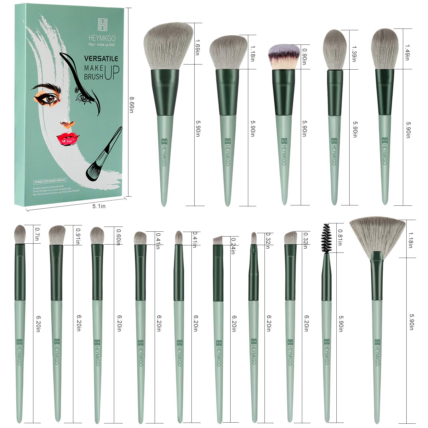 HEYMKGO 15Pcs Makeup Brushes Makeup Brush Set Premium Synthetic Bristles Conical Handle Kabuki Foundation Face Brushes for Liquid Powder Buffing Blending Contouring With Travel Storage Bag