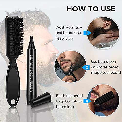 HWU Beard Pencil Filler for Men, Beard Filling Pen Kit, Long Lasting Coverage and Natural Finish - Beard, Moustache and Eyebrows - Beard Dye for Men - Bristle Brush Included (Dark Brown)