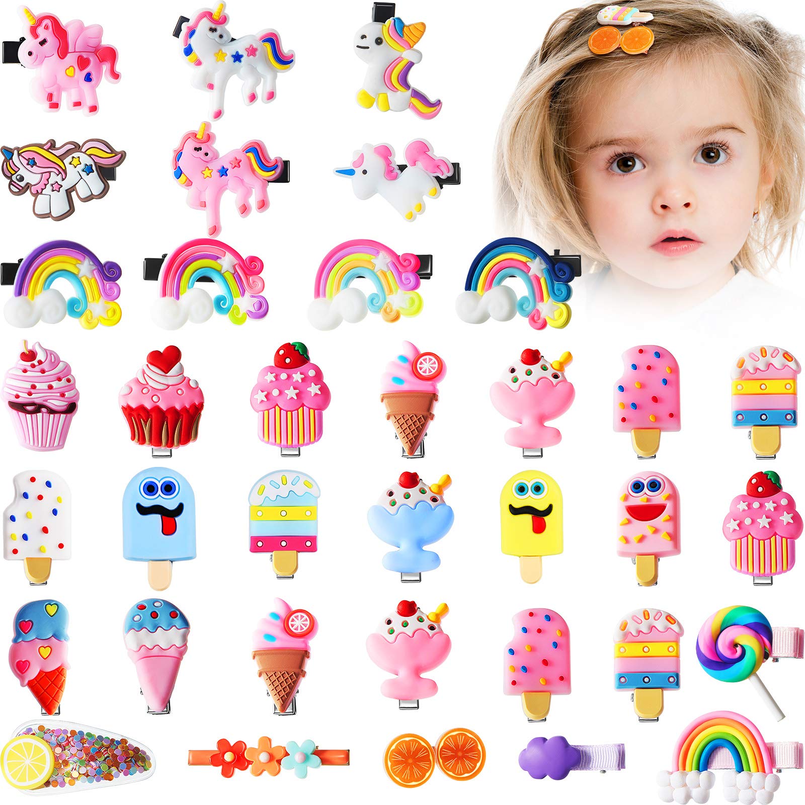 36 Pieces Cute Hair Clips for Girls Candy Rainbow Hairpins Ice Cream Unicorn Cute Barrettes Fun Dessert Patterns Accessories Cartoon Flower Fruit Hair Clips