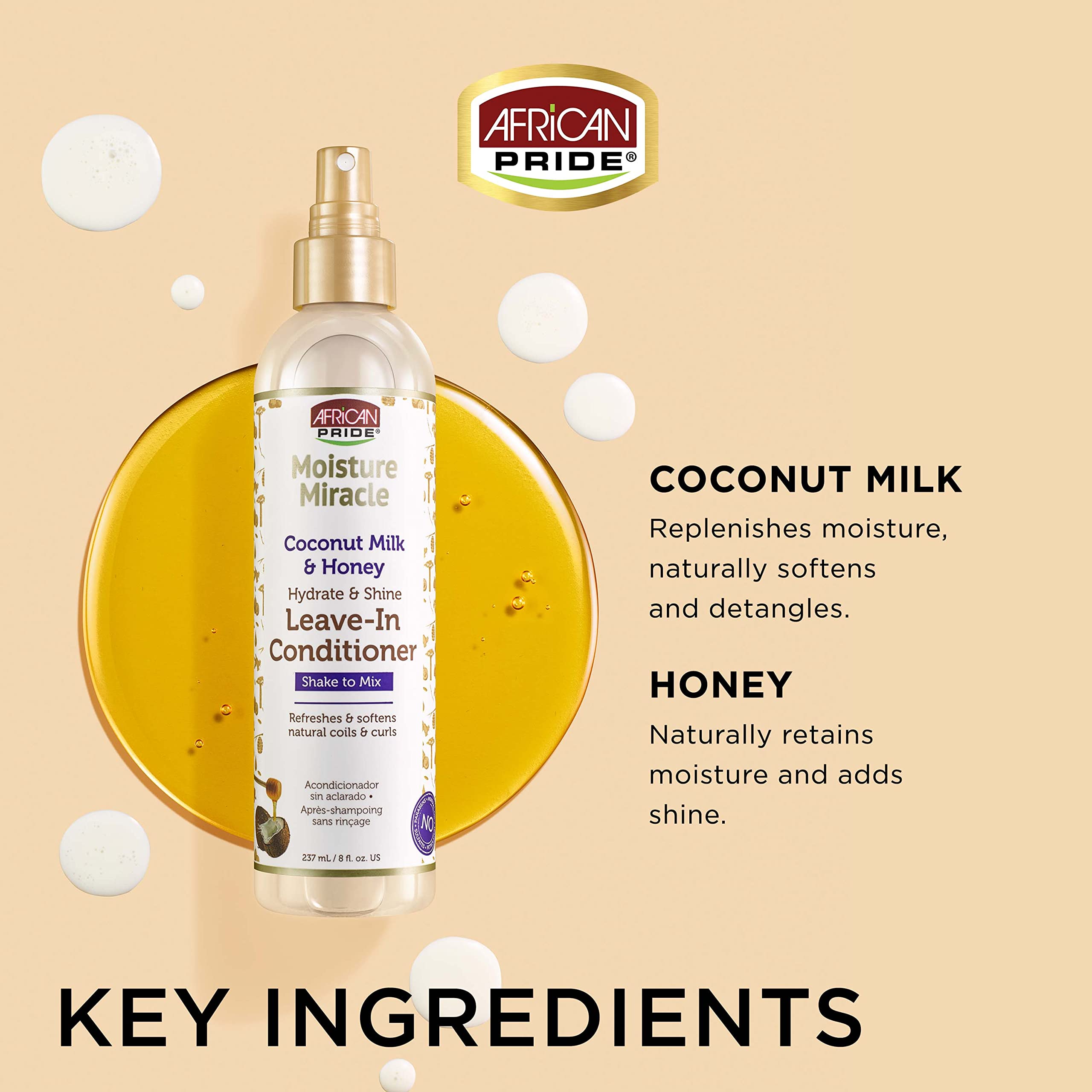 African Pride Moisture Miracle Coconut Milk & Honey Leave-In Conditioner - Refreshes & Softens Natural Coils & Curls, Hydrates & Shines, 8 oz (3 Pack)