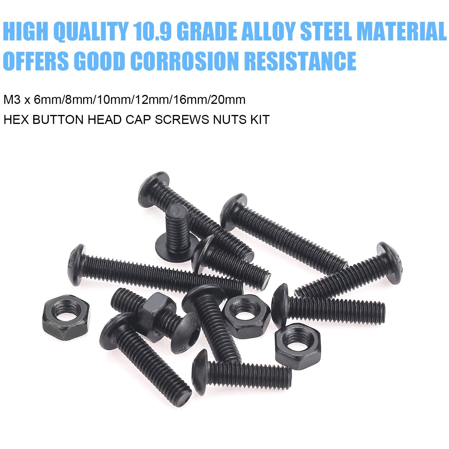 DYWISHKEY 360 Pieces M3 x 6mm/8mm/10mm/12mm/16mm/20mm, 10.9 Grade Alloy Steel Hex Button Head Cap Bolts Screws Nuts Kit with Hex Wrench