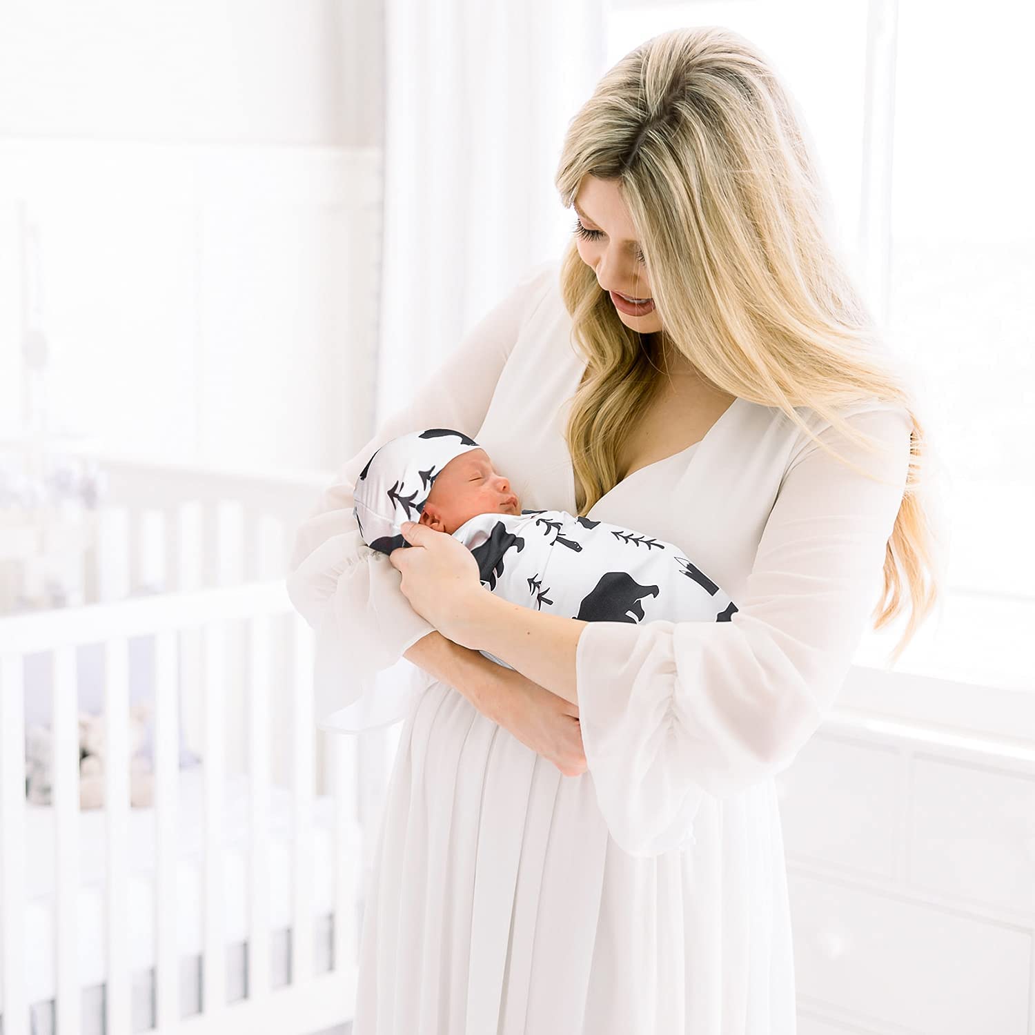 2pack Newborn Swaddle Blanket with Beanie Hat Set, Baby Stretchy Cotton Swaddle Sack 0-3 Months Infant Soft Sleep Sack Wrap Neutral Receiving Blanket for Baby Boy Girl (Bear & Elephant)
