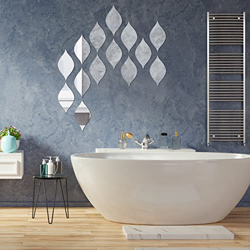 15 Pack Removable Acrylic Mirror Wall Stickers Teardrop Mirror Acrylic Wall Sticker 3D DIY Wall Decals Art for Living Room Bathroom Home Office Classroom, 11.8 x 6.6 Inch (Silver)
