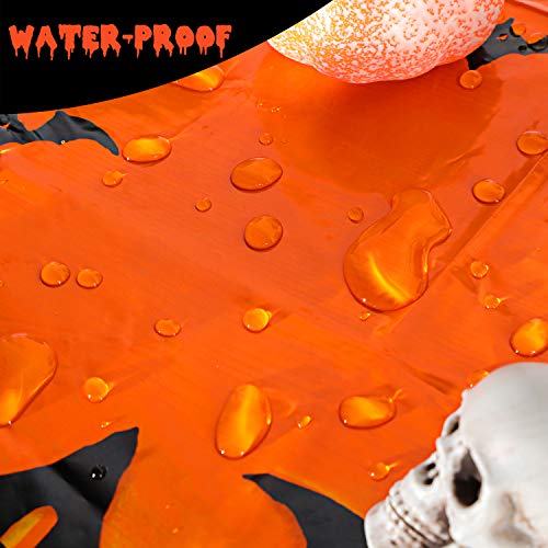 54x72 Inch Halloween Tablecloth Plastic Rectangle Pumpkin Bat Skeleton Picnic Table Cover Waterproof Orange and Black Decorations for Holiday Party Favors Supplies, Wipeable and Reusable (2 Pieces)