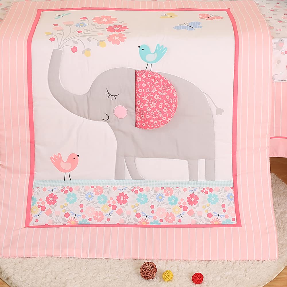 Brandream Jungle Elephant Crib Bedding Set for Girls Butterfly Birds Floral Baby Nursery Bedding Sets,3 Pieces - Blush Pink and Gray