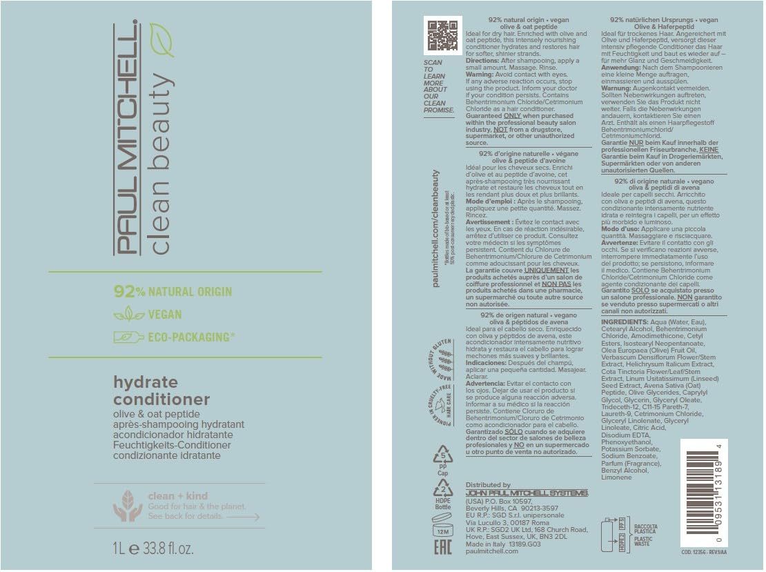 Paul Mitchell Clean Beauty Hydrate Conditioner, Intensely Nourishing Conditioner, Improves Manageability, For Dry Hair, 33.8 fl. oz.