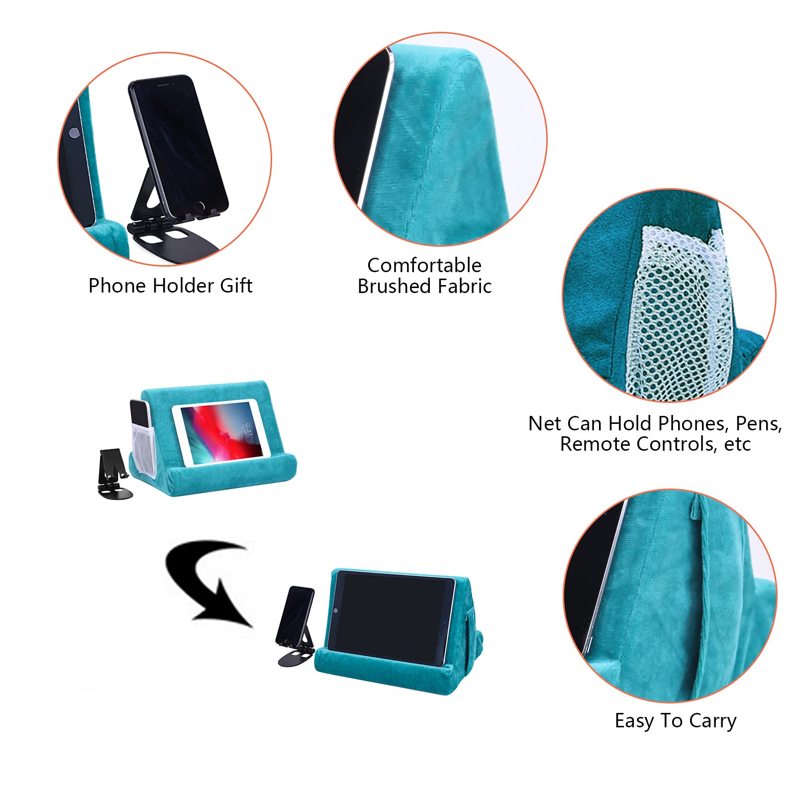 2pcs Multi-Angle Tablet Holder Cushion Stand with Net Pocket & Black Color Phone Stands Upgraded Tablet Pad Support for Phone,Pad,Books (Lakeblue)