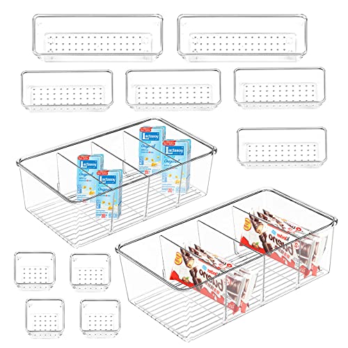 12 Piece Pantry Organization and Storage Bins - Seitop 2 Large Food Storage Organizer & 10 Pcs Clear Drawer Organizers, Removable Dividers Plastic Snack Organizer for Fridge Kitchen Cabinet