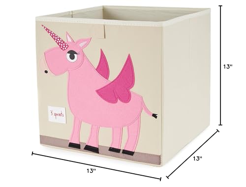 3 Sprouts Large 13 Inch Square Children's Foldable Fabric Storage Cube Organizer Box Toy Bin, Blue Cat, Pet Hedgehog, Pink Unicorn, and Yellow Rhino