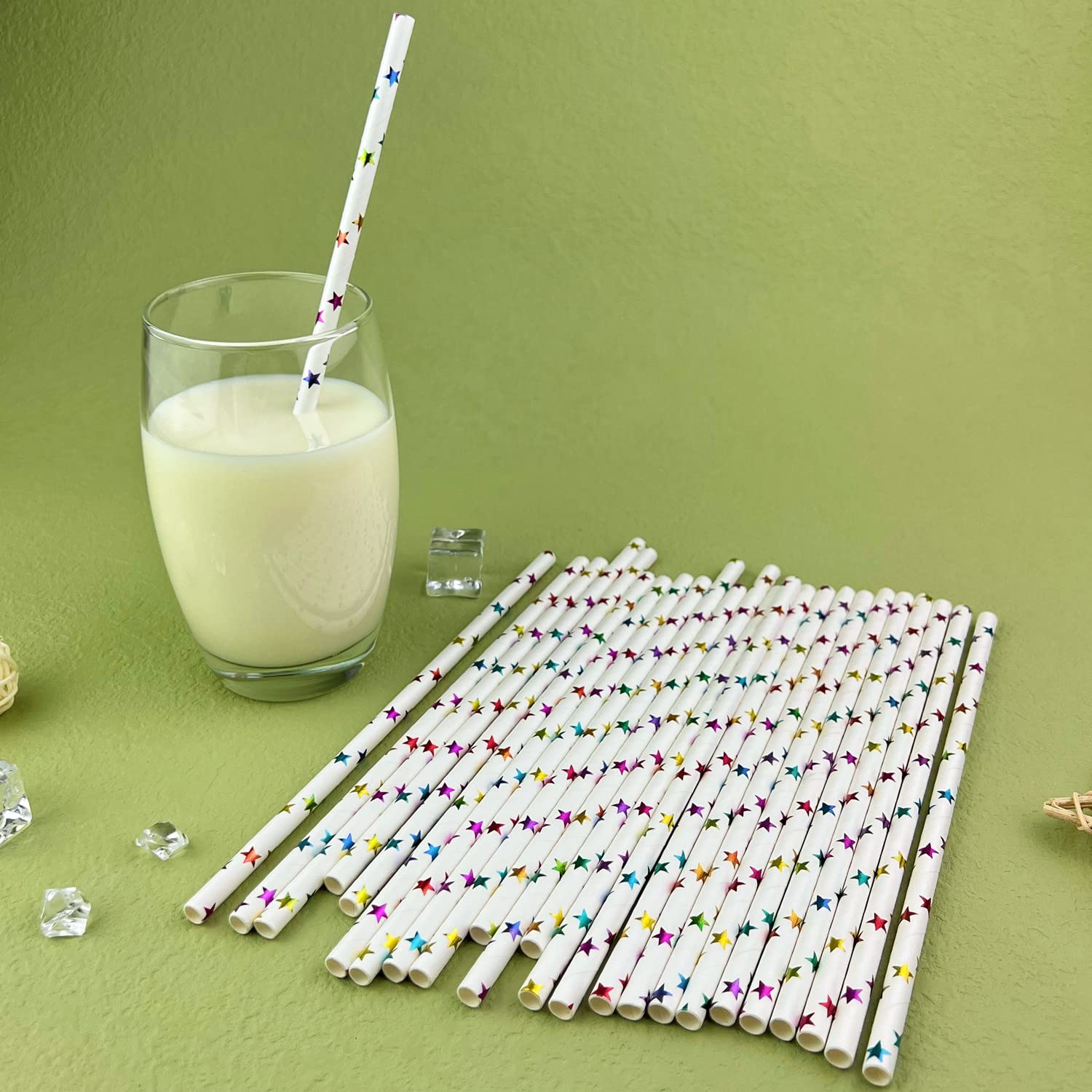 100 pcs Rainbow Foil Polka Dot and Star Paper Straws, Colorful Metallic Shiny Blue Green Gold Red Pink Party Drinking Straws Bulk, Kids Wedding Holiday Birthday Cake Pop Sticks (Mixed 2 Styles)