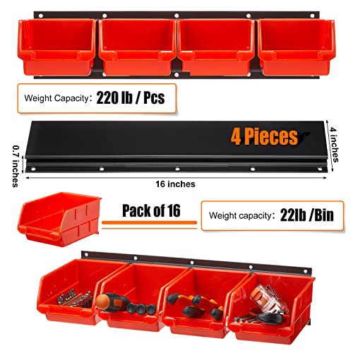 16 Pcs Plastic Wall Mounted Storage Bins (6.3inch x 3.2inch x 4inch) Hanging Stackable Storage with 4 Pieces Horizontal Shelf Trays Screw Organizers and Storage Bins Tool Organizers for Men Tools Gift