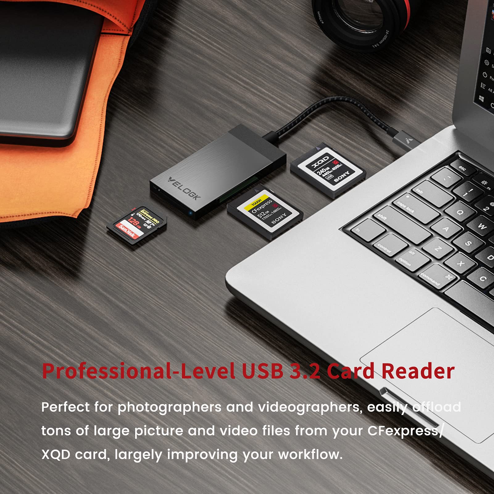 3-in-1 CFexpress/XQD/SD Card Reader USB C, VELOGK Dual-Slot USB 3.2(10Gbps) CFexpress Type B Card Reader Adapter compatible with Android/Windows/Mac OS/Linux, with Brushed Aluminum Case&Portable Pouch