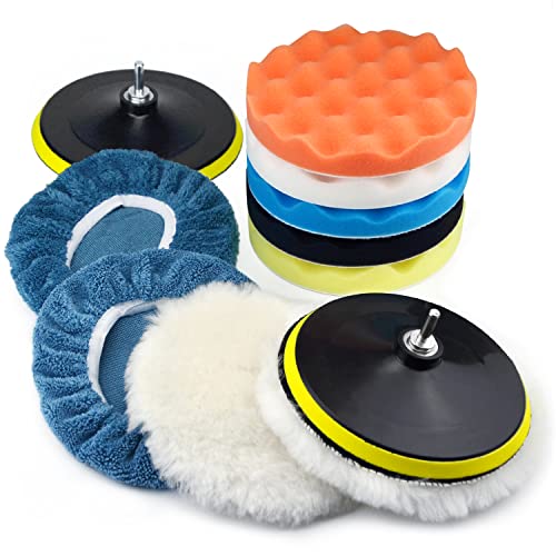 7 Inch Polishing Pads Kit Car Foam Sponge Pads Wool Bonnet Pads with 5/8-11 Thread Backing Pads & 8mm Adapters for Polisher & Electric Drill Auto Body Repair Pad for Waxing Buffing Sealing Glaze,13PCS
