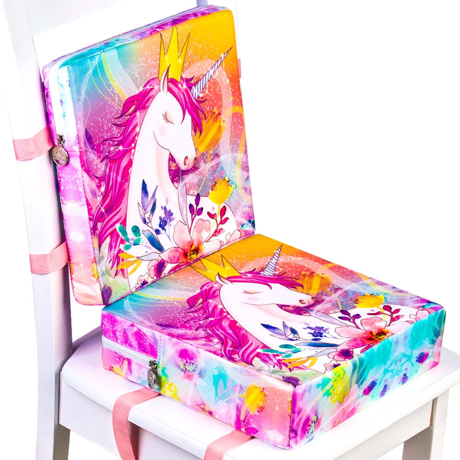 2PCS Booster Seat for Dining Table, Chair Increasing Cushion for Toddler Baby Kids, Portable Dismountable Adjustable Highchair Booster - Unicorn Pink
