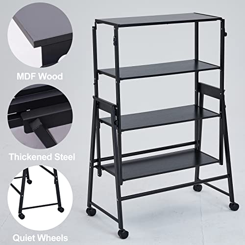 2-in-1 Convertible Shelf to Table with Wheels, Space Saving Storage Shelf or Dining Table, 4 Tier Shelving Unit Industrial Bookcase for Small Spaces, Kitchen, Dining Room and Living Room, Black